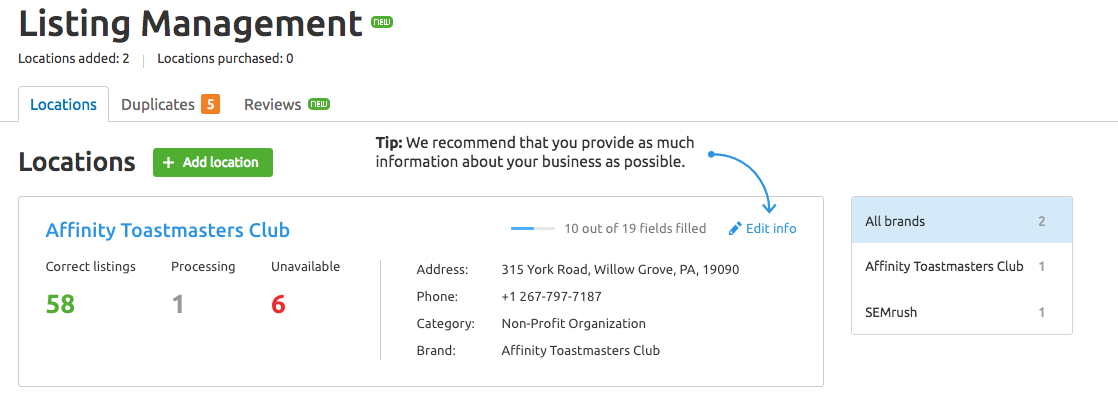 Listing Management - SEMrush Toolkits | SEMrush